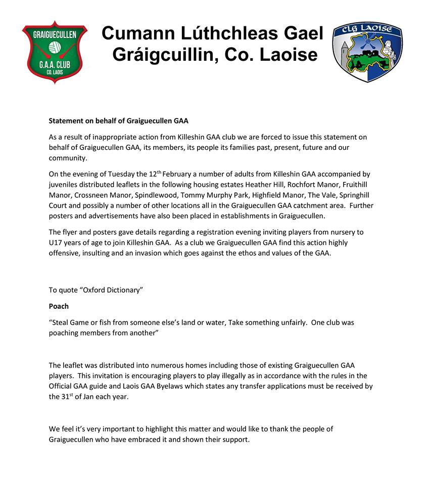 Graiguecullen GAA hit back at rival club with claims of 'poaching ...